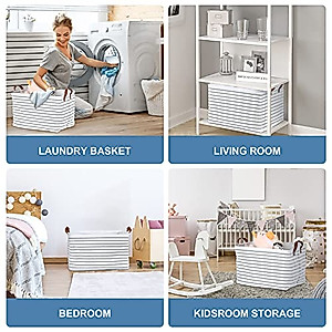 Large Storage Basket organizer Fabric Storage Bin for shelf Closet Organizer Bin Collapsible Storage Box with PU Leather Handles and Drawstring Closure (Waterproof Lining, Grey Stripe)