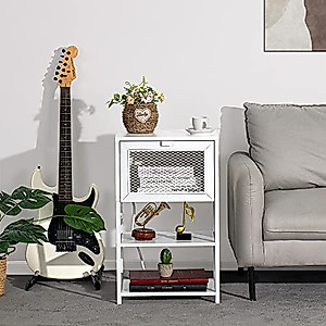 LEBOAHOUS Nightstand with Charging Station and USB Port, 3 Tier Industrial Night Stand, Bedside Table with Flip Storage Drawer and Open Shelf, End Side Table for Bedroom, Office, Dorm 26.2''H (White)