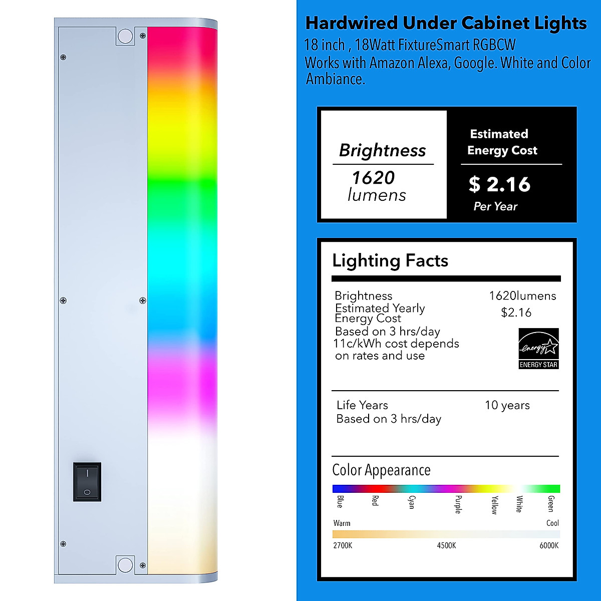 Hardwire Under Cabinet Lights Hardwired or Plug in Tasking Lighting White & RGB Color Changing Dimmable with Remote, Alexa, Google Enabled, Smart Under Counter Lighting Fixture for Kitchen (18 Inch)