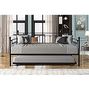 Daybed with Trundle Bed for Kids Teens Adults,Metal Twin Size Daybed with Pullout Trundle for Window Living Room, No Box Spring Needed (Black)