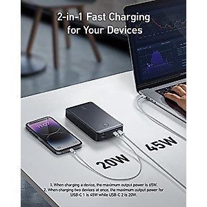Anker Portable Charger, 24,000mAh 65W Power Bank, 537 Power Bank (PowerCore 24K for Laptop), for MacBook Pro, Dell XPS, Microsoft Surface, iPad Pro, iPhone 14 Pro, Apple Watch Series 5, and More