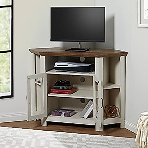AMERLIFE Corner TV Stand for TV's up to 48", 44 Inch Modern Farmhouse Wood Entertainment Center, TV Console with Double Doors and Storage Cabinets for Living Room, Distressed White