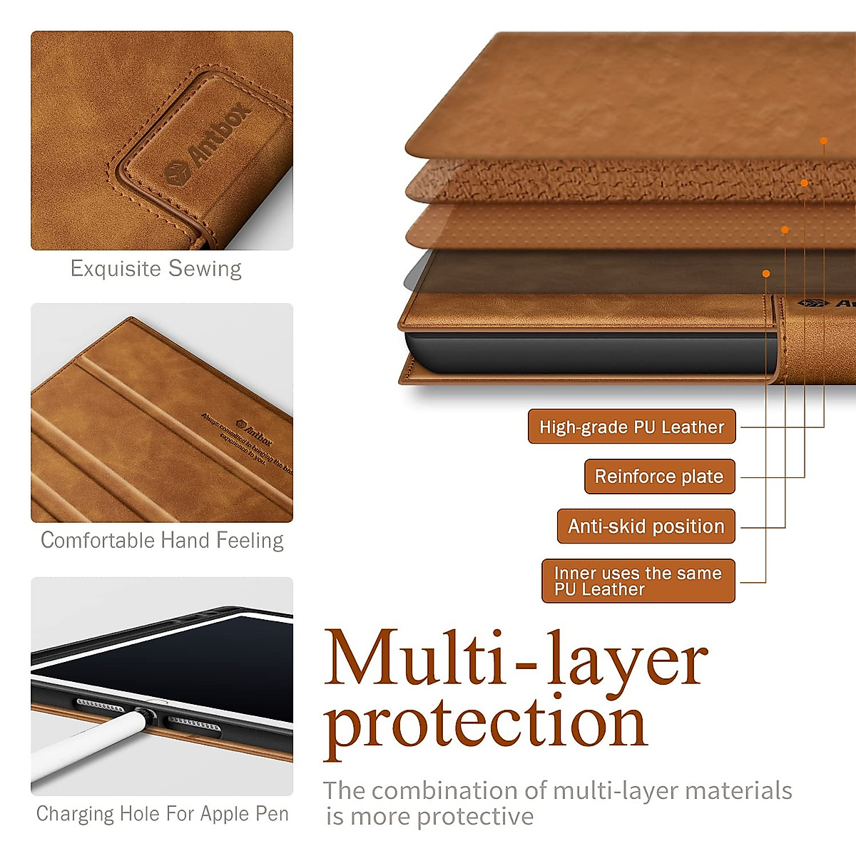 Antbox Case for iPad 9th Generation (2021) iPad 8th/7th Generation with Pencil Holder Auto Sleep/Wake Function PU Leather Smart Cover for iPad 10.2'' (Brown)