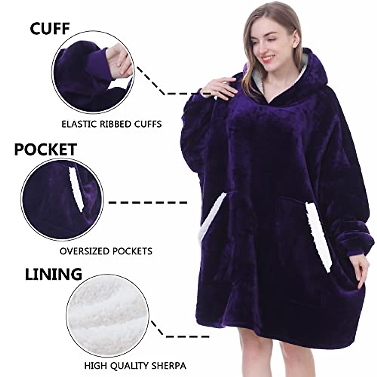Kipswiza Oversized Wearable Blanket Sherpa Fleece Thick Warm Hoodie Blanket Big Hooded Sweatshirt Hoodie Blanket for Adults Women Girls Teenagers Teens Men Dark Purple