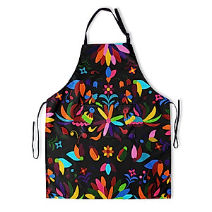 Sweetshow Mexican Apron with 2 Pockets and Adjustable Neck, Traditional Texture Abstract Colorful Vibrant Floral Bird Pattern Rainbow Decorative Flower Aprons for Women Men Adults