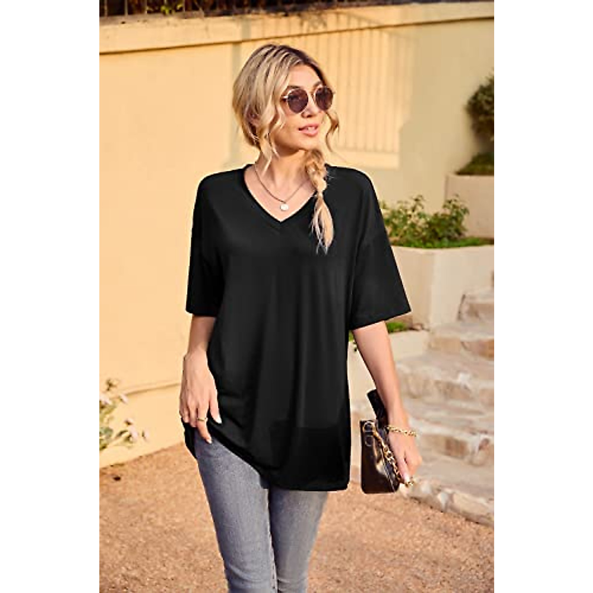 Iandroiy Womens Oversized Tees Loose T Shirts Half Sleeve V Neck Tops (Large, Black)