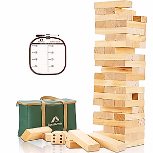 ApudArmis Giant Tumble Tower (Stack from 2Ft to Over 4.2Ft), 54 PCS Pine Wooden Stacking Timber Game with 1 Dice Set - Classic Block Giant Outdoor Game for Teens Adults Family