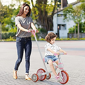 OLAKIDS Toddler Tricycle, 5 in 1 Kids Trike for Age 2-4 with Push Handle, Baby Bike with Adjustable Seat and Handle, Removable Pedal and Training Wheels for Boys Girls Toy Gift (Pink)