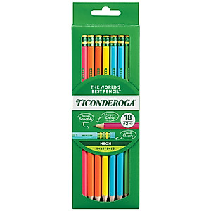 Ticonderoga Wood-Cased Pencils, Pre-Sharpened, 2 HB Soft, Neon Colors, 18 Count