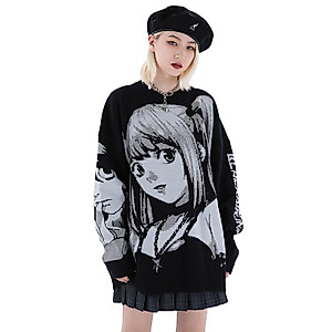 FELLVISHK Anime Girl Figure Sweater Graphic Long Sleeve Oversize Knitwear Sweatshirt Unisex 3D(Black, X-Large)