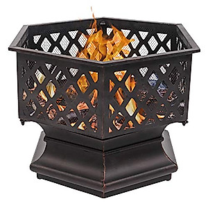 Fire Pits 22" Multifunctional Fire Pit Bowl, Hexagonal Shaped Iron Burning Outdoor Firepit Steel BBQ Grill Fire Bowl for Camping Patio Backyard Garden Picnic Bonfire