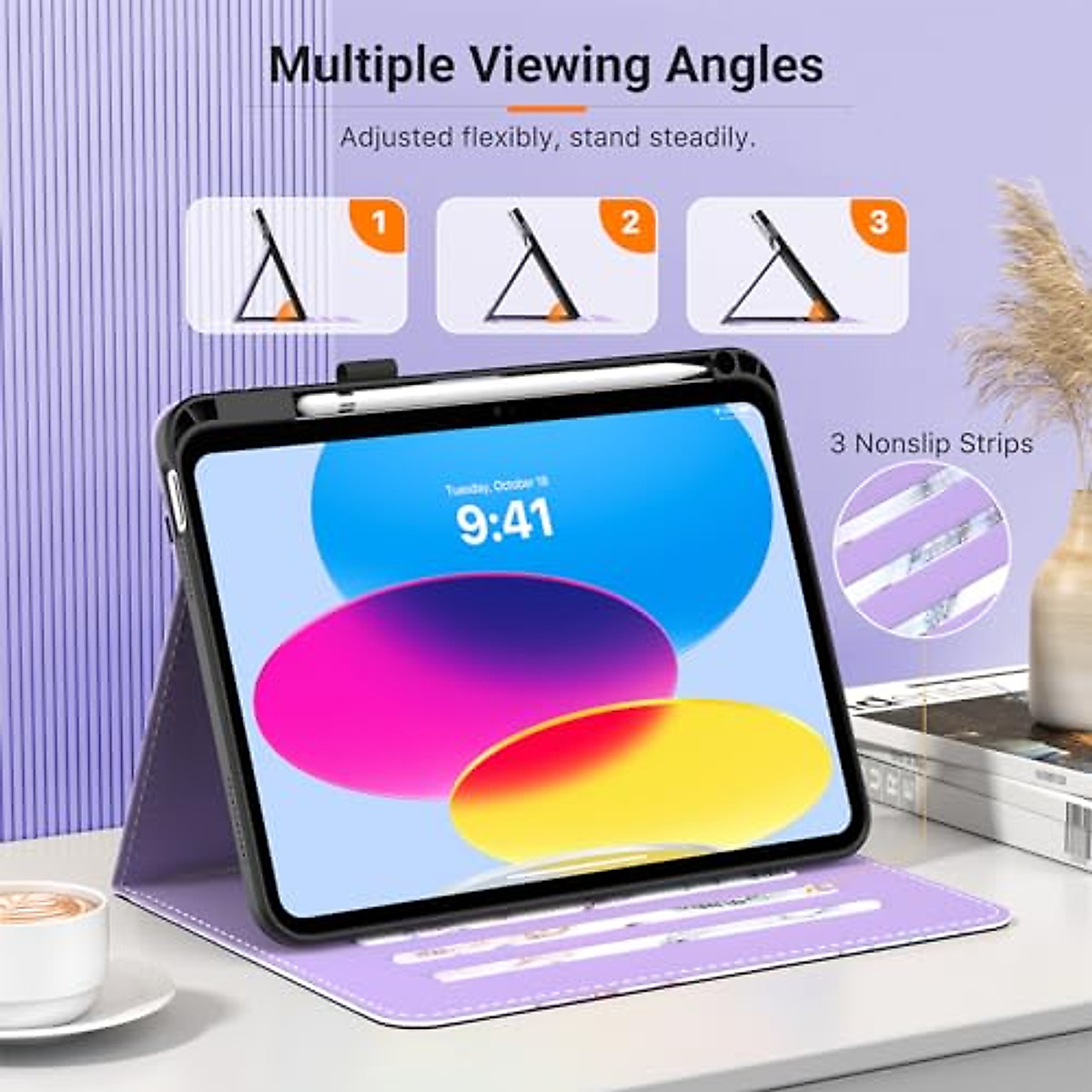 MoKo for iPad 10th Generation Case iPad 10.9 Inch Case 2022 with Pencil Holder, Multi-Angle Viewing iPad Case 10th Generation with Soft TPU Back Hand Strap for iPad 10th Gen 2022, Marble Purple