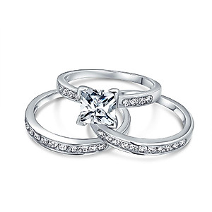 Bling Jewelry Sterling Silver Channel Set Princess CZ Engagement Wedding Ring Set - Size 9