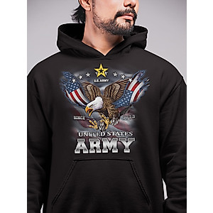 Lucky Ride US ARMY HOODIE Since 1775 Eagle with American Flag Wings Sweatshirt, Black, XL