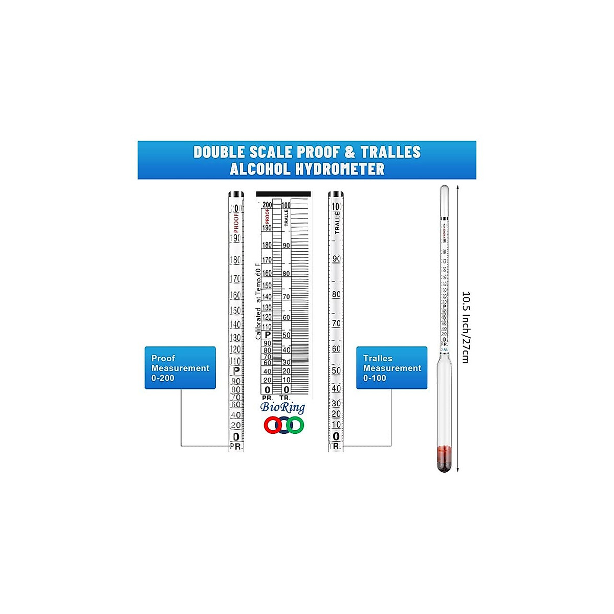 Alcohol Hydrometer Kit: Alocohometers 0-100% (ABV) Proof 0-200 Tralle 0-100, Glass Test Jar 100ml Acesseries Wood Box for Alcohol Products Distilled Moonshine Spirits Whiskey Brandy Liquor Test