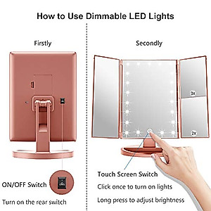 WEILY Makeup Mirror with 21 LED Lights,Two Power Supply, Touch Screen and 1x/2x/3x Magnification Tri-Fold Vanity Mirror, Gift for Women（Rose Gold）