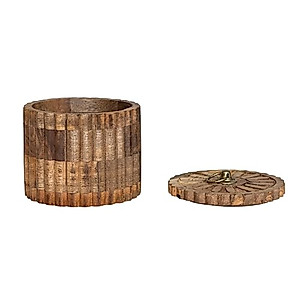 Creative Co-Op 5.75 Inches Round Carved Mango Wood Pleated Lid and Metal Pull, Natural and Antique Gold Finish Display Box