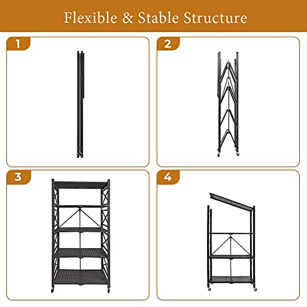5-Tier Storage Shelves with Wheels, Heavy Duty Metal Shelf, Foldable Shelving Units, Storage Rack, Rolling Shelf No Assembly, Large Capacity Organizer Shelves for Garage Kitchen Warehouse Basement