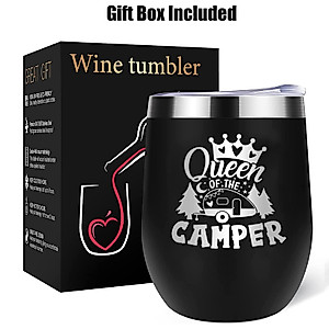 Joyloce Queen Of The Camper Wine Tumbler Coffee Mug Cup Wine Glass Stemless Tumblers With Lid Stainless Steel Insulated Vacuum RV Gifts For Women Camping Travel Outdoors 12 Oz