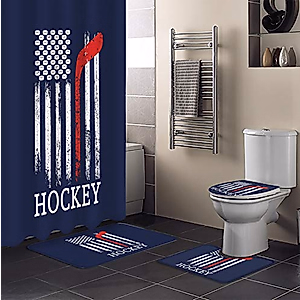 OneHoney Shower Curtain Sets 4 Pieces with Non-Slip Rugs USA Flag Hockey Sports,Waterproof Bathroom Curtains,Blue White Stripes Decor Bath Mat, Toilet Lid Cover and Floor Door Mat