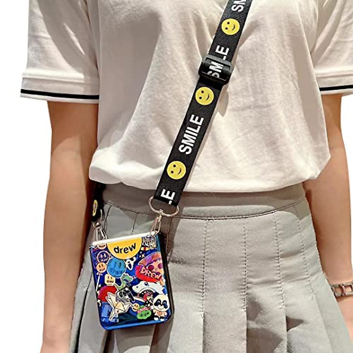 AiKeDuo for Samsung Galaxy Z Flip 3 5G Case Shockproof Protective Hard Bumper Folding Cover Soft Blu-Ray Long Strap Rope Cartoon Animal Panda Smiley Case Girls Woman for Z Flip 3 Case (Blue)