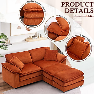 Oversized Chaise Lounge Chair Indoor with Ottoman,84.6"W Corduroy Upholstered Modern Loveseat Sofa,Deep Seat L Shaped Sectional Couch,Comfy Reclining Sleeper Chair for Living Room(2 Seater,Orange)