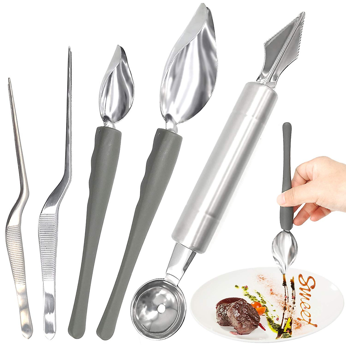 5 Pieces Culinary Drawing Decorating Spoon Set, Drizzle Spoons, Cooking Tweezers and Melon Baller Spoon, Professional Chef Tool for Decorating Plates