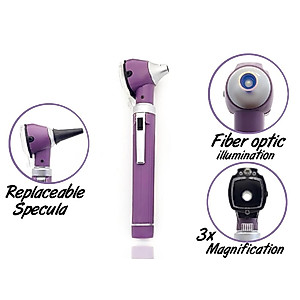 MEDCASE Brilliance German Fiber Optic Otoscope - Professional Ear Scope with LED Light and Speculum for Ear Examination and Diagnosis - Ideal for Professional and Home Use - Purple Color