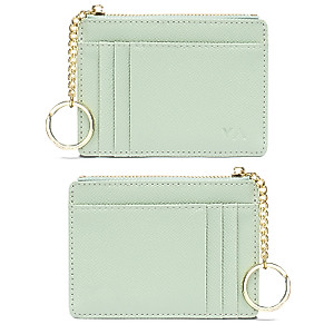 Valentoria Slim RFID Blocking Card Holder Small Pocket Wallet Keychian Zipper Coin Purse Minimalist Leather Cash & Coin & Cards Case for Women Men (Green)