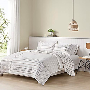 INK+IVY Salar Cotton Quilt Set - Stripe Patchwork Design with Fringe Trim Accent, Prewashed Coverlet, All Season, Breathable and Lightweight Cover, Cozy Summer Blanket, Full/Queen Natural 3 Piece