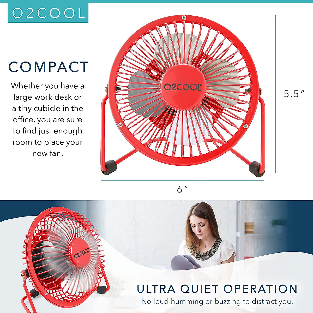 O2COOL 4" USB Personal Desk Fan – Portable Mini Table Cooling Fan - Plugs into Computer - Adjustable 360° Tilt, Quiet, Rubber Grip Feet - Red