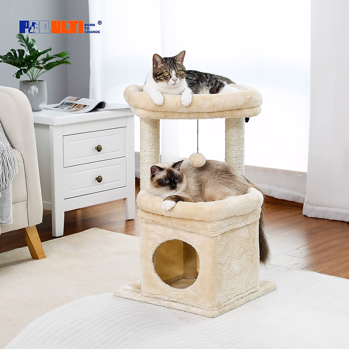 PEQULTI Cat Tree Cat Tower for Indoor Cats with Private Cozy Cat Condo, Natural Sisal Scratching Posts and Plush Pom-pom for Small Cats,Beige