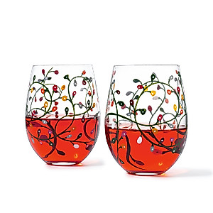 Themed Lights Stemless Wine & Water Glasses - Artisanal Hand Painted Ornament Light Bulbs Glasses - Xmas Tree - Set of 2, 17.5oz - Santa Festive Theme Stemless Glass