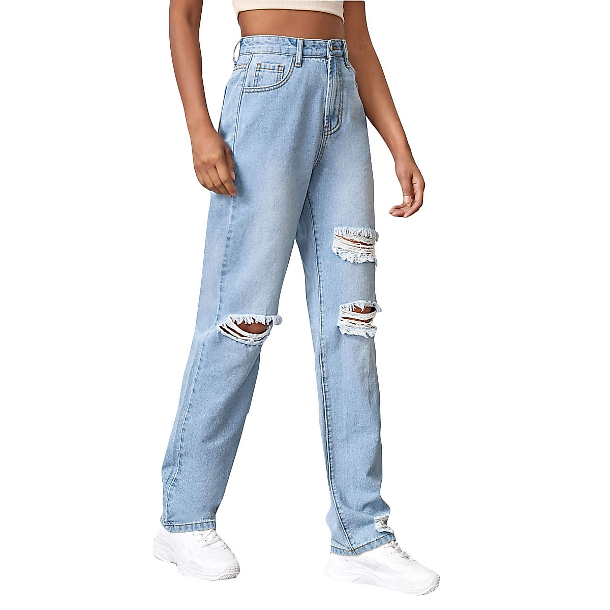 SweatyRocks Women's Ripped Straight Leg Jeans High Waist Distressed Cutout Denim Pants Light Blue S