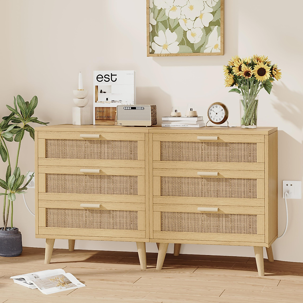 Rovaurx Rattan Nightstand with Charging Station, Night Stand with 3 Drawers, 23.6" W Bedside End Table for Bedroom, Side Table with Solid Wood Legs, Boho Style, Natural RCTG110ME