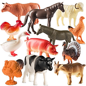 Bedwina Farm Animal Toys - Pack of 12 - Plastic Farm Animals for Kids, Realistic 3-5 Inch Ranch / Barnyard Animal Toy Figures Styles Include Sheep, Horse, Goat, Duck, Chicken, Turkey, Cow, Pig