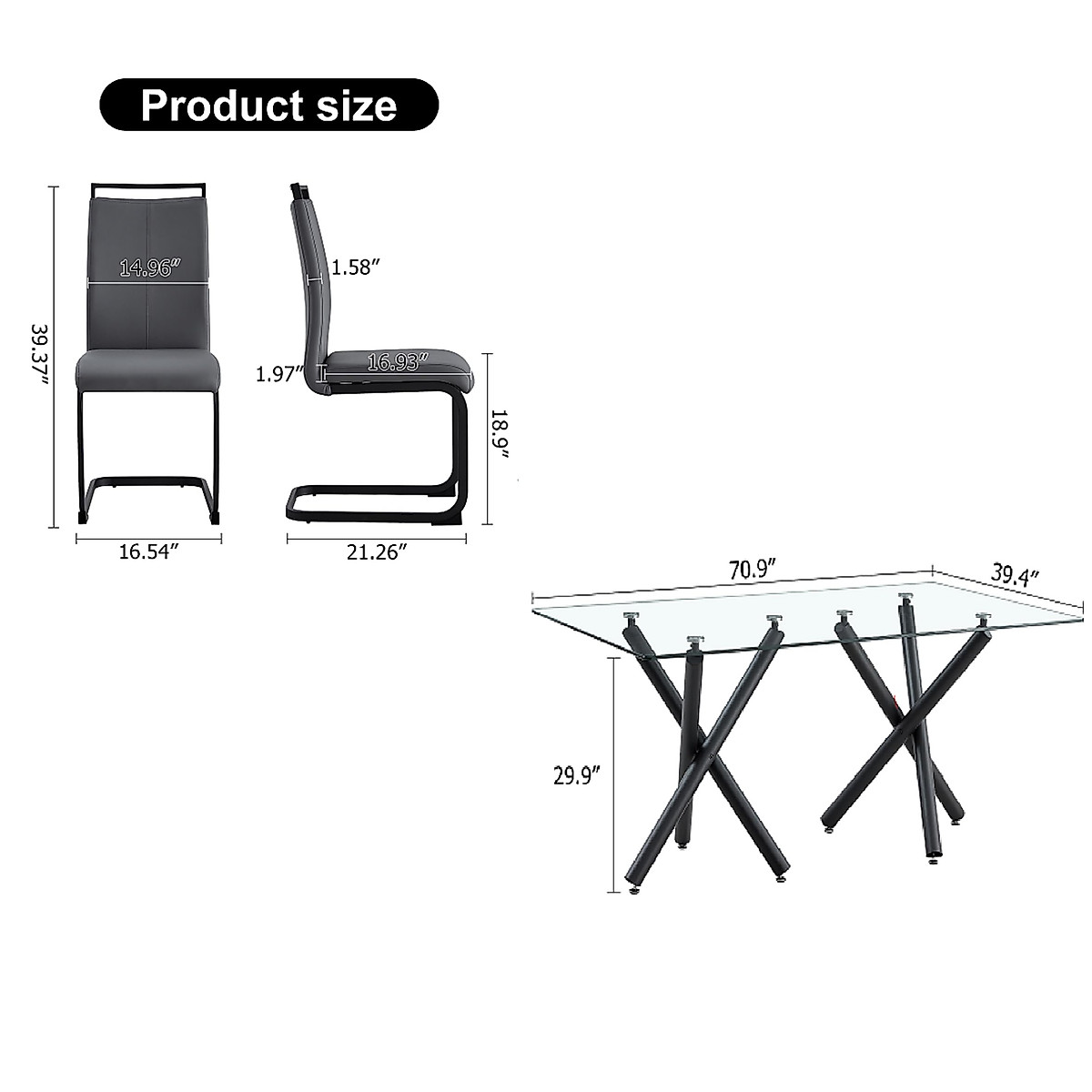 Ginxesh 71" Glass Dining Table Set,0.39" Glass Top Dinner Table with 6 Chrome Metal Legs,High Back PU Leather Padded Dining Chairs,Dining Table Set for Kitchen or Living Room Use (6 Sets, Black+Grey)