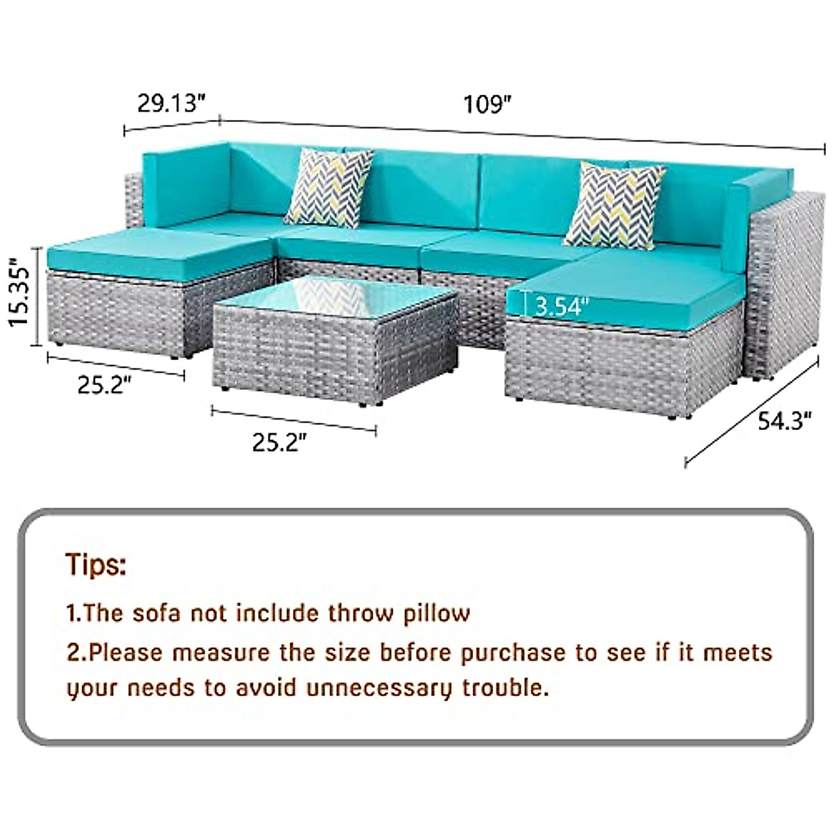 Shintenchi 7 Pieces Ottoman Outdoor Patio Sectional Sofa Couch, Silver Gray PE Wicker Furniture Conversation Sets with Washable Cushions & Glass Coffee Table for Garden, Poolside, Backyard Blue