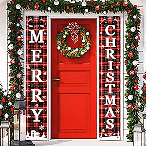 Merry Christmas Door Banners Porch Sign Hanging Banner Flag for Christmas Home Wall Indoor Outdoor Christmas Party Decorations