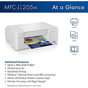 Brother MFC-J1205W INKvestment-Tank Wireless Multi-Function Color Inkjet Printer with Up to 1-Year in Box,white