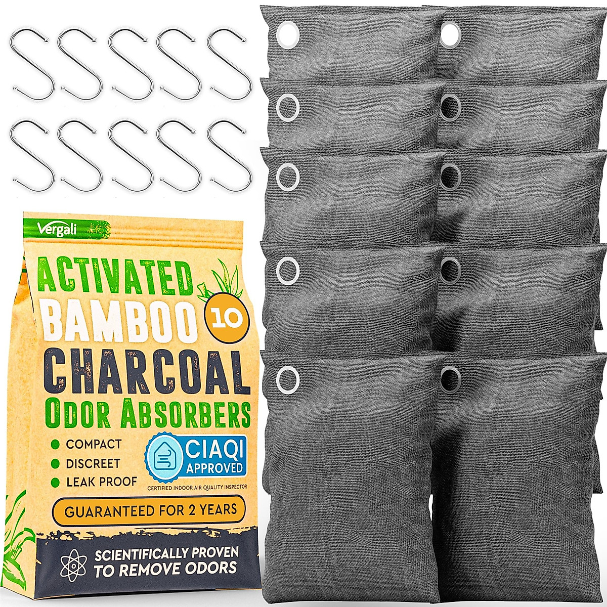 Bamboo Charcoal Bags Odor Absorber 10x100g w Hooks. Nature Fresh Bamboo Charcoal Air Purifying Bags Activated Charcoal Odor Absorbers for Home, Charcoal Deodorizer Bags and Shoe Closet Odor Eliminator