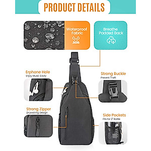 Crossbody Sling Bag for Women & Men, Waterproof Sling Backpack with USB Charging Port, Lightweight Shoulder Chest Bag for Hiking, Travel (Black)