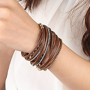 TASBERN Women Leather Wrap Bracelet in Goldplated Metallic Crescents and Crystal Cuff Bracelets for Ladies Christmas Gift (brown leather bracelet for women)