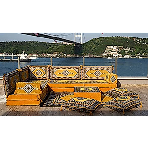 Yellow Traditional Floor Couch Set, L Shaped Sectional Sofas, Arabic Floor Sofa Set,Yoga Meditation Mat, Futon Sofa Bed (L Sofa + Rug + Poufs)