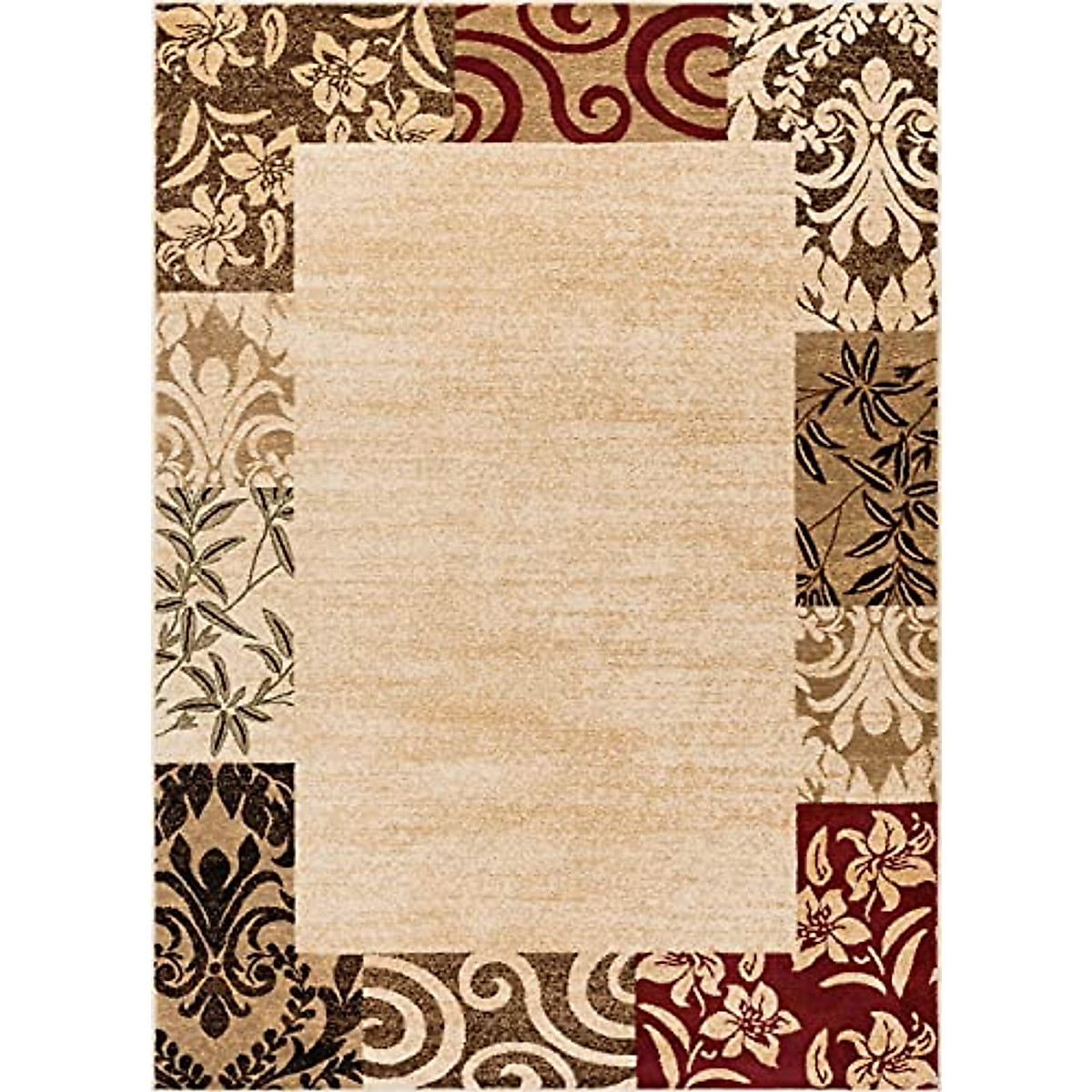 Verdant Vines Beige Modern Damask Border Rug 3x5 4x6 (3'11" x 5'3") Casual Oriental Easy Clean Stain Fade Resistant Shed Free Contemporary Floral Formal Gradient Soft Living Dining Room Rug