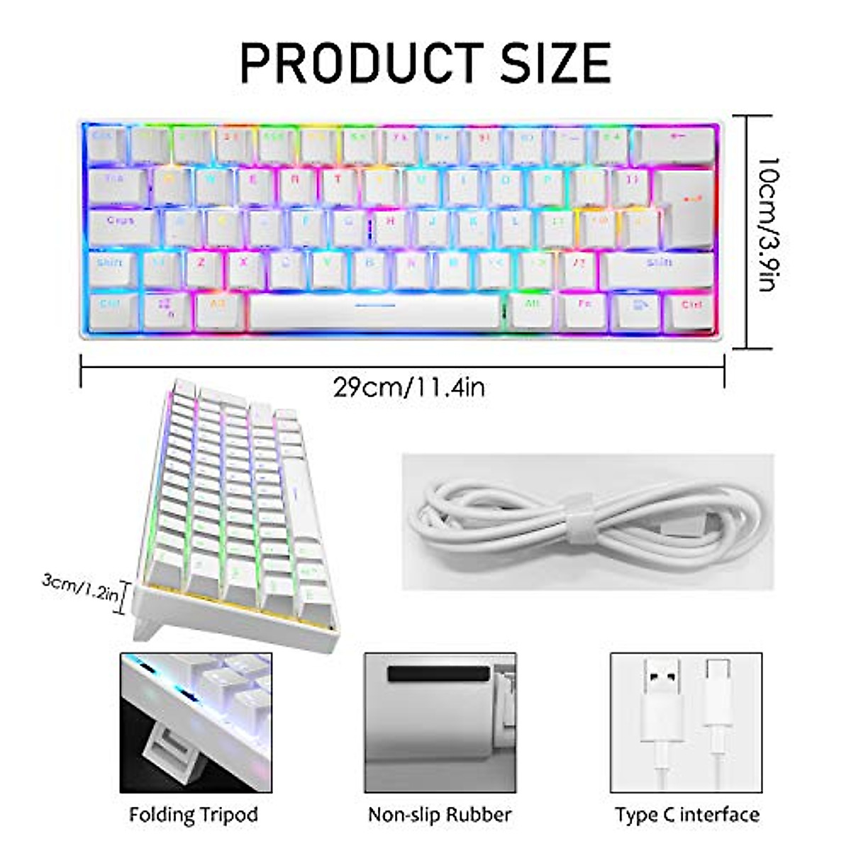 UK Layout 60% True Mechanical Gaming Keyboard Type C Wired 61 Keys LED Backlit USB Waterproof Keyboard 14 Chroma RGB Backlight Full Anti-ghosting Keys for Computer/PC/Laptop/MAC (White/Blue Switch)