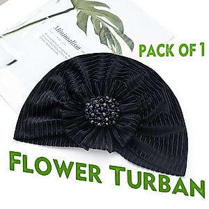 Urieo Women Turban Flower Caps Knot Pre-tie Beanie Head Wrap Black Headwrap Hat