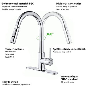 KSUCBOHAR Kitchen Faucets with Pull Down Sprayer，Single Handle High Arc Kitchen Sink Pull Out Faucet with Deck Plate，Commercial Modern Stainless Steel rv Kitchen Faucet，Glossy