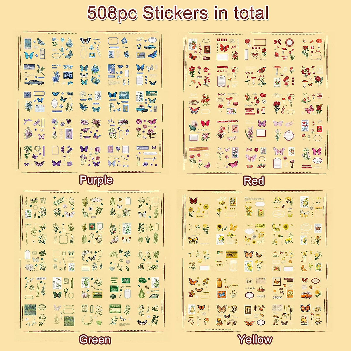 AIERSA Vintage Scrapbooking Journaling Supplies Kit,508Pcs Butterfly Flowers Nature Aesthetic Stickers for DIY Scrapbook,Art Journaling, Junk Journals, Bullet Journaling