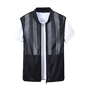 Flygo Men's Summer Stand Collar Lightweight Breathable Mesh Cycling Travel Zip Vest (Medium, Black)